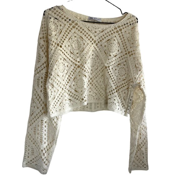 Zara | Sweaters | Zara Cream Crochet Open Knit Cropped Cottagecore Long ...